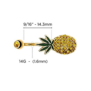 Pierce2GO Gold Pineapple & Weed Marijuana Belly Button Ring - 14G Surgical Steel Pineapple Belly Button Ring - Belly Button Rings Piercing for Women – 7/16”