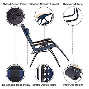 VICLLAX Oversize Padded Zero Gravity Chair Patio Lounge Chair with Cup Holder for Outdoor Beach Pool, Black&Dark Blue