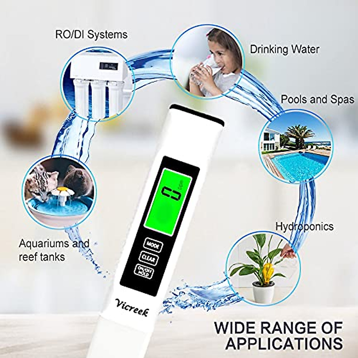 TDS Meter 3 in 1 - Professional Digital Water Tester, Temperature Meter & EC Meter - Accurate and Reliable PPM Meter with LCD Backlight, 0-9999 ppm, Prefect for Drinking Water, Hydroponics by Vicreek