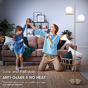 Mid Century Floor Lamp - 2 Globe Modern Standing Lamp with Foot Pedal, Frosted Glass Stand Up Lights for Living Room, Bedroom, Office, Contemporary LED Antique Brass|Gold Tall Pole Light Indoor