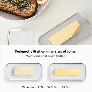 KIVY Glass butter dish with airtight lid that keeps butter soft - For countertop and refrigerator door shelf - Clear glass butter dish with cover - White Marble Butter holder with plastic plate