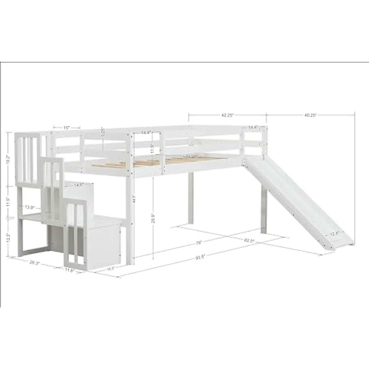 ERYE Twin Size Loft Bed with Slide and Storage Staircase, Wooden Bedframe Bedroom Furniture w/Full-Length Safety Guardrails & Shelves for Kids, Teens, Girls, Boys