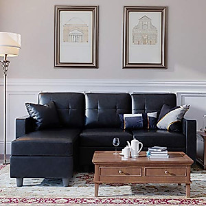 HONBAY Faux Leather Sectional Sofa Convertible L Shape Couch for Small Space, Black