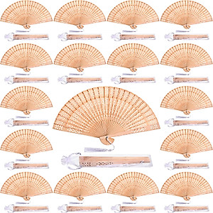 60 Pieces Wooden Fans Hand Held Folding Fans Vintage Chinese Fans Hollow Pattern with White Tassel and Gift Bag for Wedding Guest, Bridal Shower, Birthday Gift, Party Favors and Home Decorations
