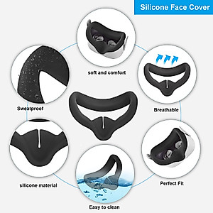 Silicone Controller Grip for Quest 2 Accessories, with VR Headset Lens Cleaning Pen, Thumb Button Cap，Protective Lens Cover, Silicone Face Cover Sweat Guard Anti-Leakage Pad (Black)