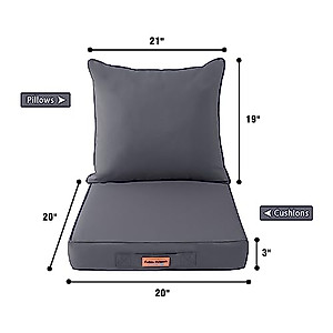Faible Poisson Outdoor Chair Cushions, 20 x 20 Inch Waterproof Patio Furniture Back & Deep Seat Cushion Set with Handle and Anti-Slip Straps for Indoor Garden Camping, Plain Dark Grey