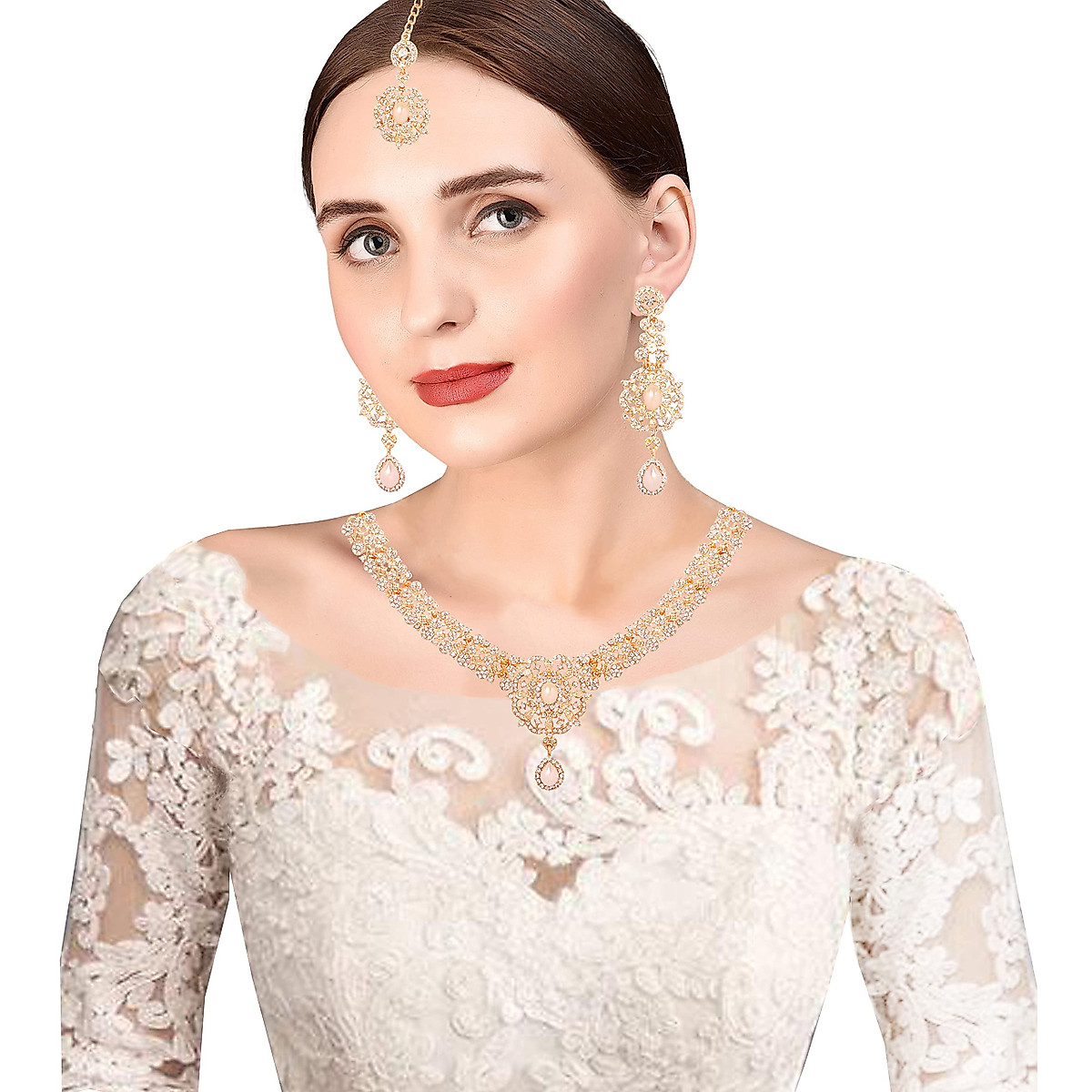 Touchstone Indian jewelry sets for womens bollywood set bridal jewellery necklace earrings artificial accessories faux pearl kundan desi punjabi traditional wedding maang tikka in gold tone for women