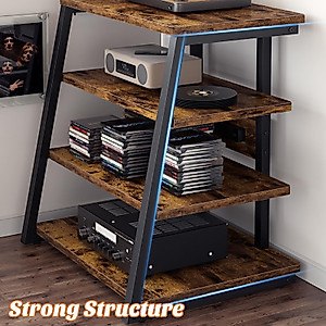 AV Media Stand with Outlets, Media Console with LED Lights, Stereo Racks and Stands with Storage Shelves, Media Audio Tower Cabinet, Rustic Brown