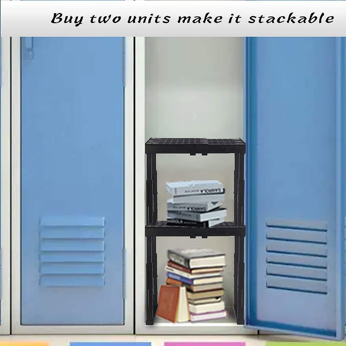 Locker Shelf for School Locker Adjustable Height and Width, Locker Organizer Shelf Stackable Locker Tools for Gym Lockers, Office, Back to School Essentials, Black