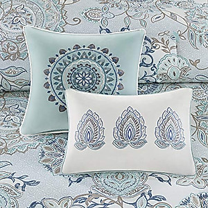 Madison Park Reversible Cotton Comforter Season Set, Matching Bed Skirt, Decorative Pillows, King(104"x92"), Isla, Floral Medallion Blue 8 Piece