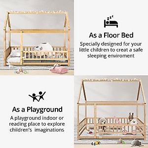 LLS Twin Size House Bed for Children Solid Wood Floor Bed Frame with Fence Guardrails and Roof Montessori Bed Playhouse Bed for Children Girls and Boys, Natural(No Bed Slats)