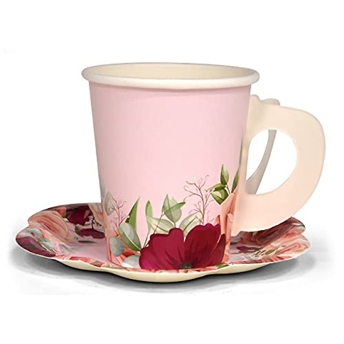 24 Disposable Tea Cups and Saucers Sets Floral Design 7" Flower Scallop Shaped Plates 24 5" Saucer Paper Plate 24 5 oz. Tea Cup with Handle 48 Lunch Napkins for Spring Wedding Birthday Party Supplies