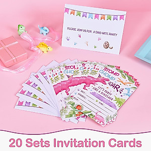 WERNNSAI 20 Sets Watercolor Dinosaur Party Invitation with Envelopes - Fill-in Invitations Cards for Girls Dinosaur Birthday Party Supplies Baby Shower Invites Double-Sided Printed T-Rex Cards