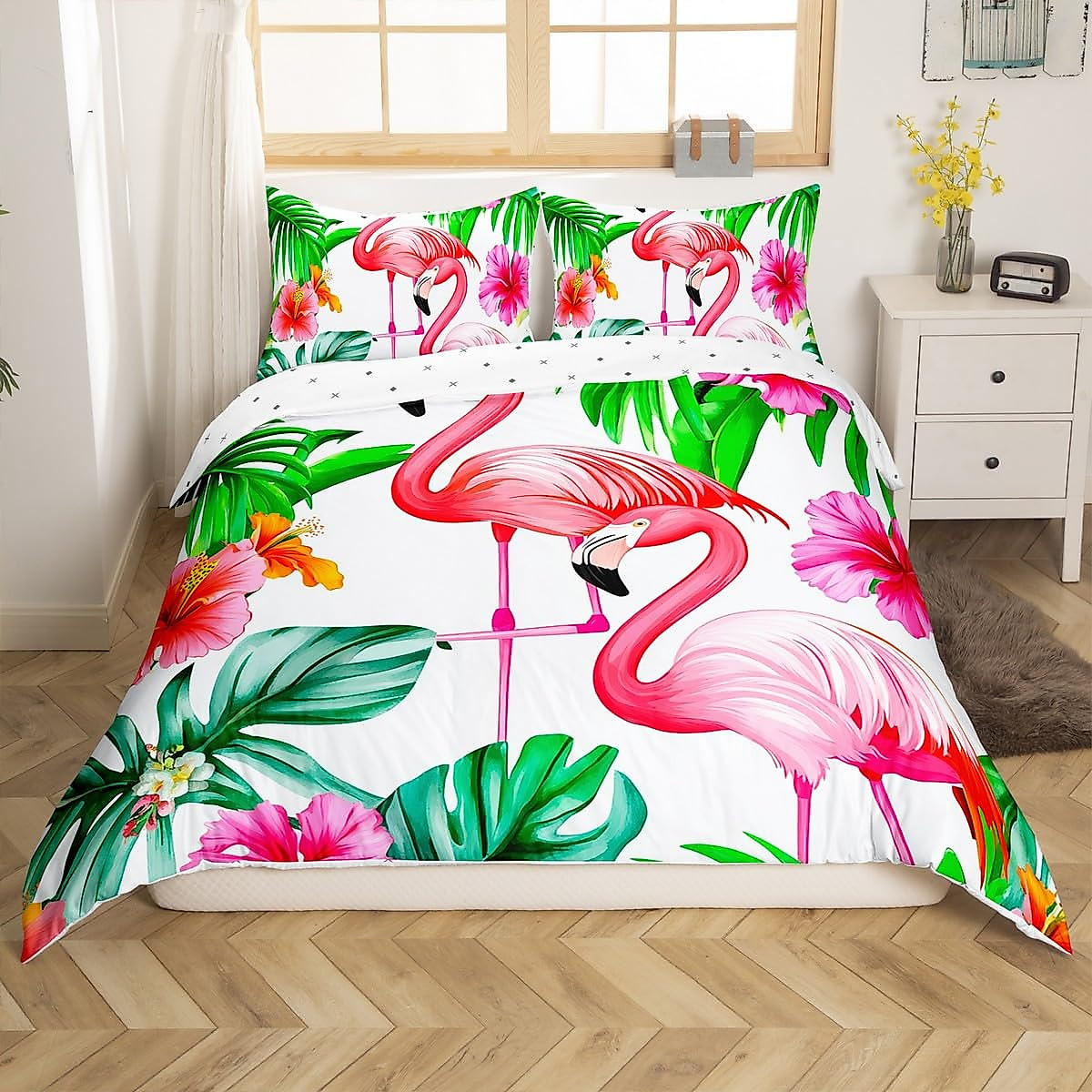 Pink Flamingo Bedding Set Palm Leaves Printed Decor Duvet Cover Full Size Tropical Green Plants Floral Pattern Natural Theme Soft Comforter Cover with Zipper Ties,1 Duvet Cover with 2 Pillow Cases