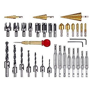 Rocaris 34-Pack Woodworking Chamfer Drilling Tool, 6Pcs Countersink Drill Bits, 7Pcs Countersink Drill Bit, 8Pcs Wood Plug Cutter, 1Pcs Center Punch, 8Pcs Core Drill Bit Set and 3pcs Step Drill Bit