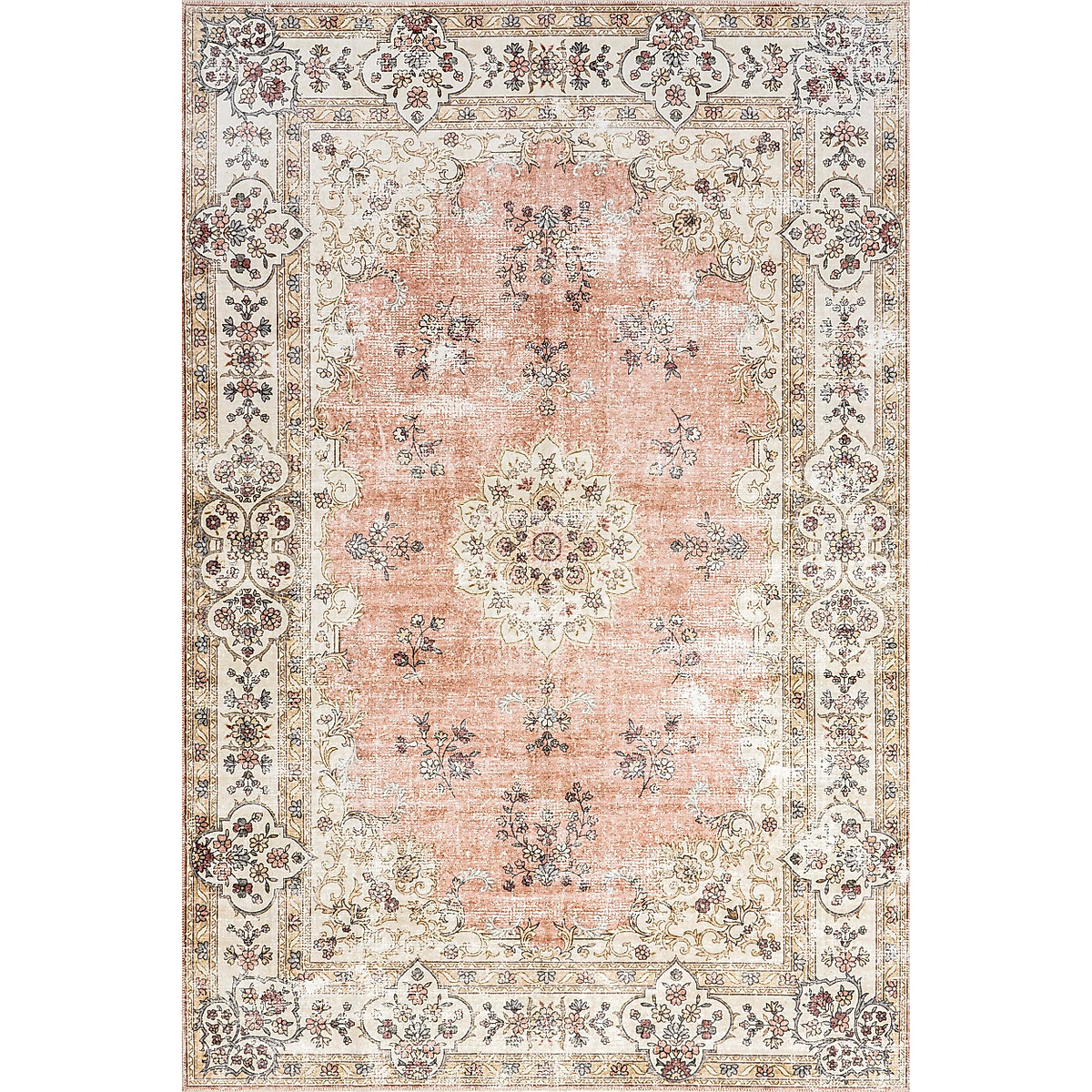 nuLOOM Ren Vintage Floral Machine Washable Area Rug, 3' x 5', Peach