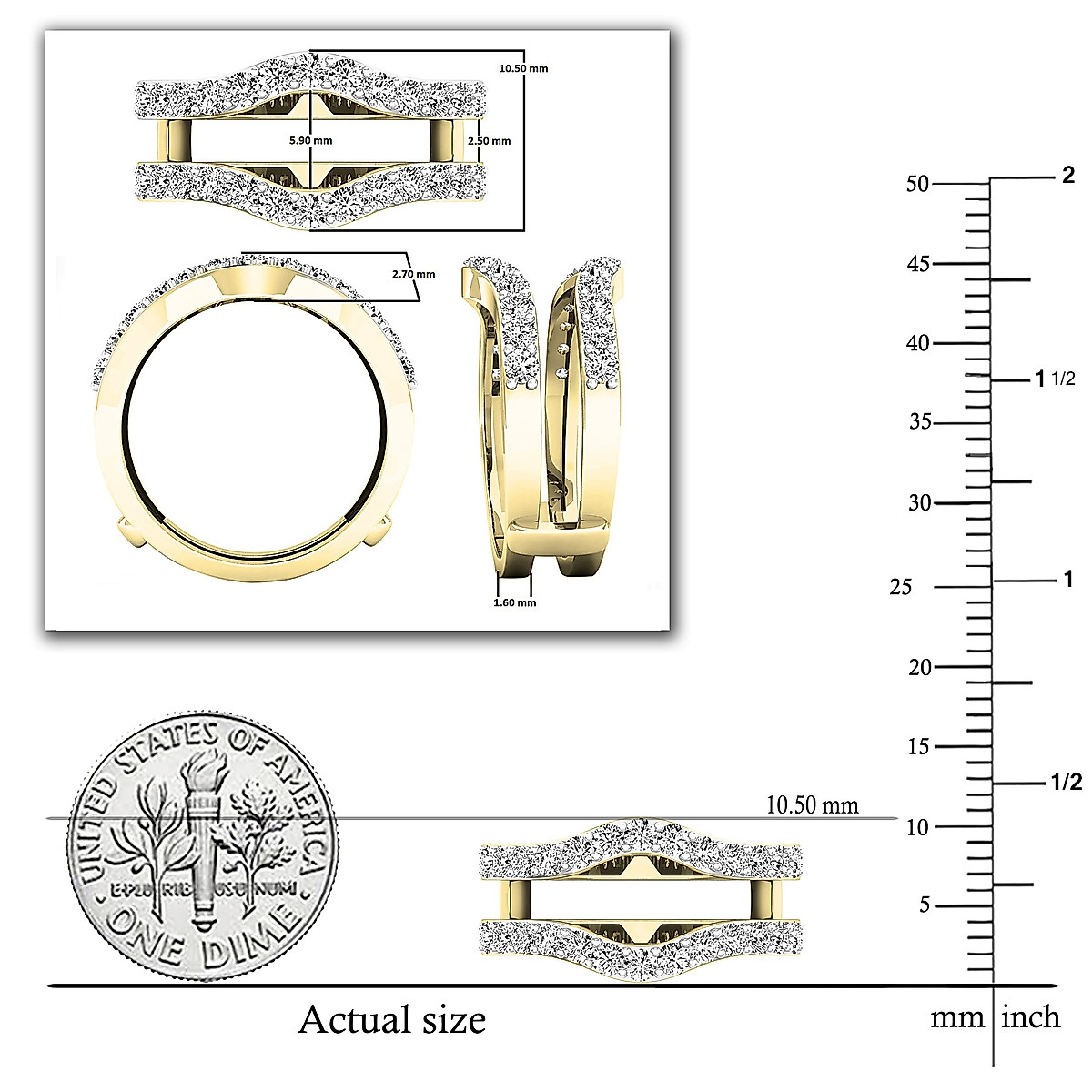Dazzlingrock Collection 1.65 Carat (ctw) Round Cubic Zirconia Wedding Enhancer Guard Ring for Women in 10K Yellow Gold Size 6