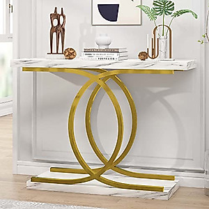 PAKASEPT Console Table with Gold Base, 40 inch White Faux Marble Narrow Entryway Table Foyer Table for Living Room, Entryway, Hallway, Entrance
