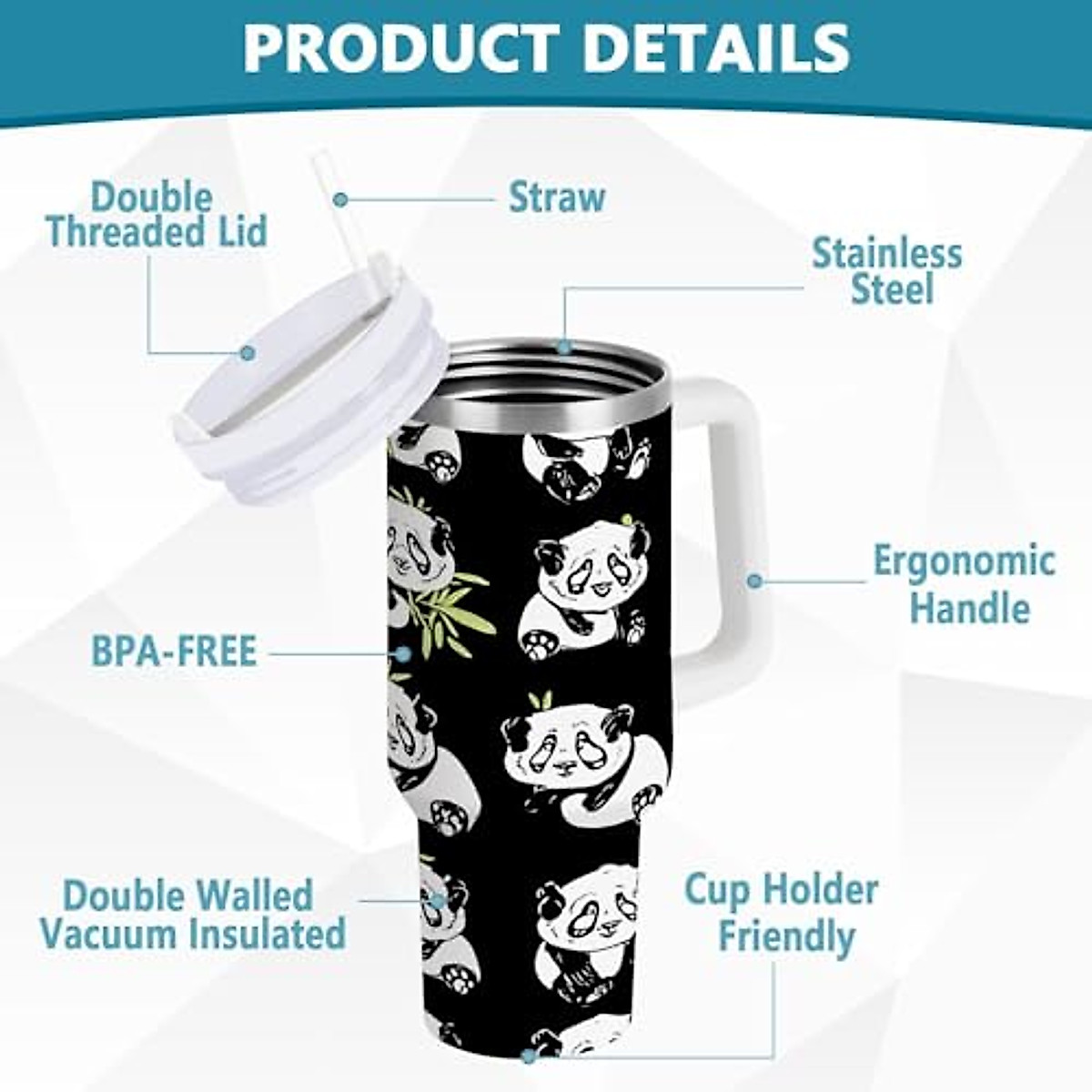 RPLIFE Playful Pandas Black Stainless Steel Tumbler, Insulated Coffee Cups with Lids, Coffee Tumbler for Women