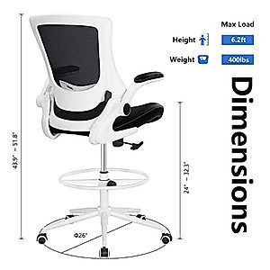 Misolant Drafting Chair, Tall Office Chair for Standing Desk, Desk Chair Ergonomic Office Chair with Flip Up Arm, Height Adjustable Lumbar Support and Footrest, Mesh Office Chair, 400lbs(White)