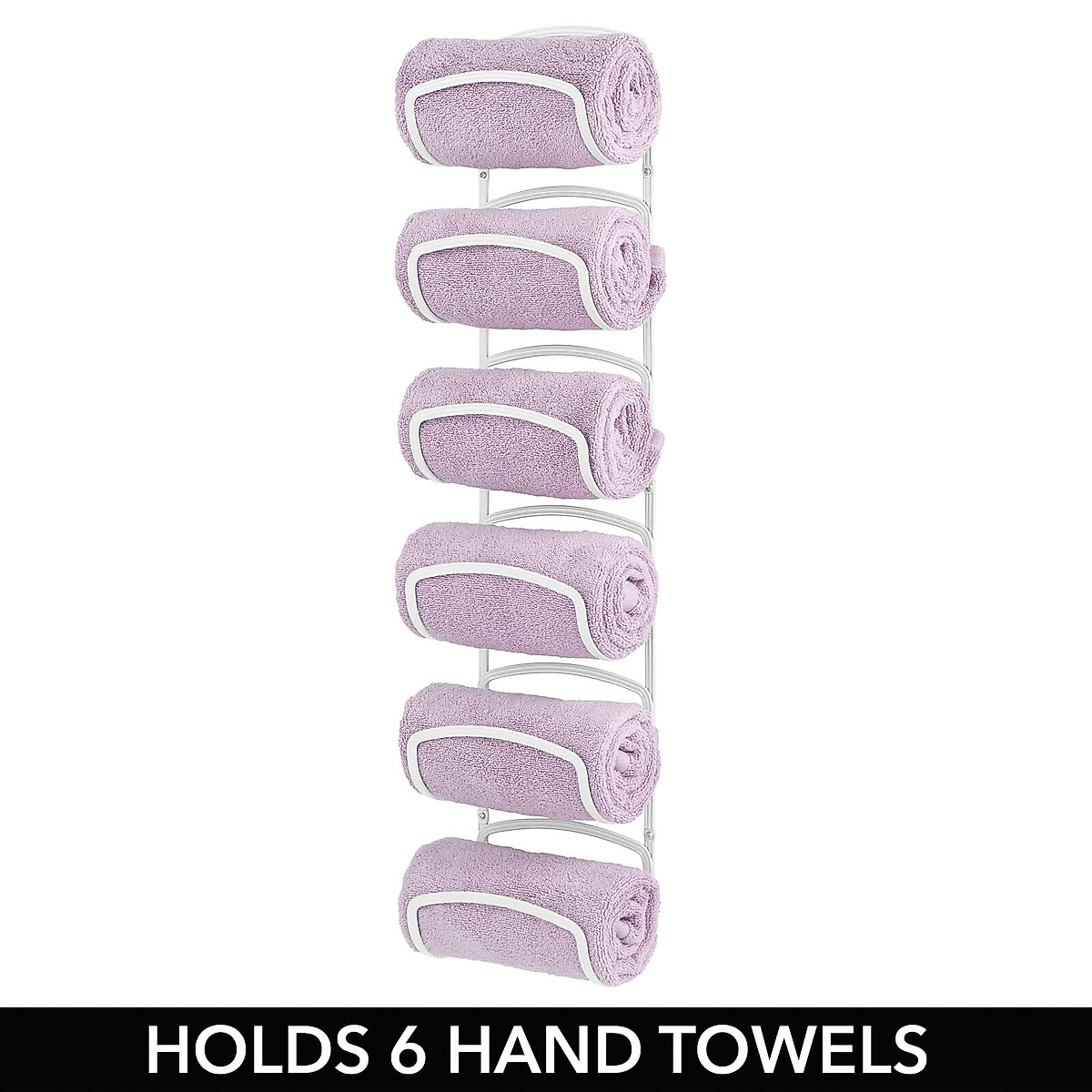 mDesign Steel Towel Holder for Bathroom Wall - Wall Mounted Organizer for Rolled Towels and Bath Robes - Six Level Wall Mount Towel Storage Rack - Bathroom Towel Organizer - Hyde Collection - White