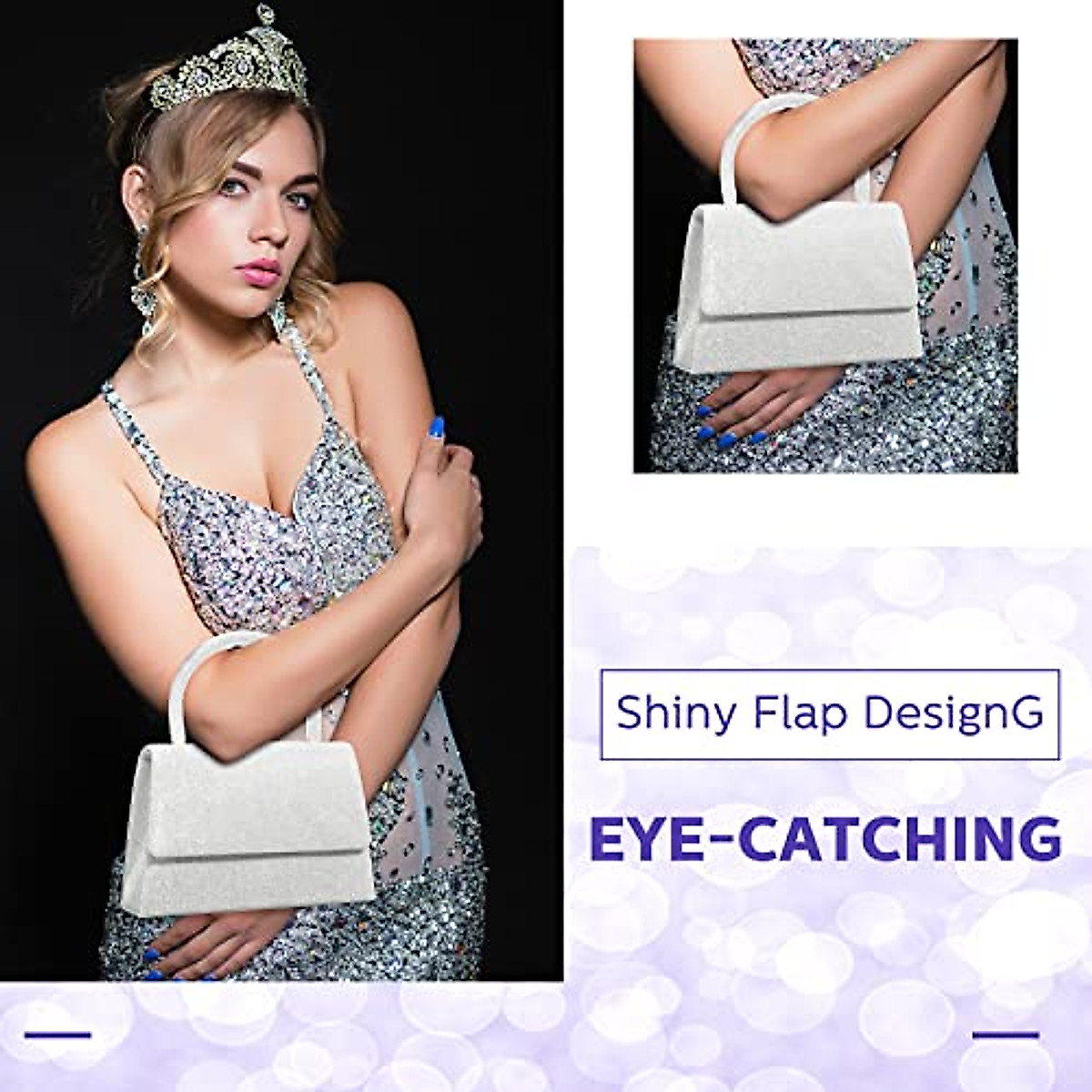 Silver Evening Bag Glitter Party Clutches Handle Women's Evening Handbags Small Bride Wedding Purses for Women Crossbody Cocktail Prom Handbags