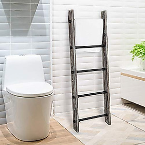 MyGift 4 Ft Torched Wood Farmhouse Blanket Ladder with 5 Matte Black Industrial Pipe Rungs, Wall Leaning Bathroom Towel Ladder Rack