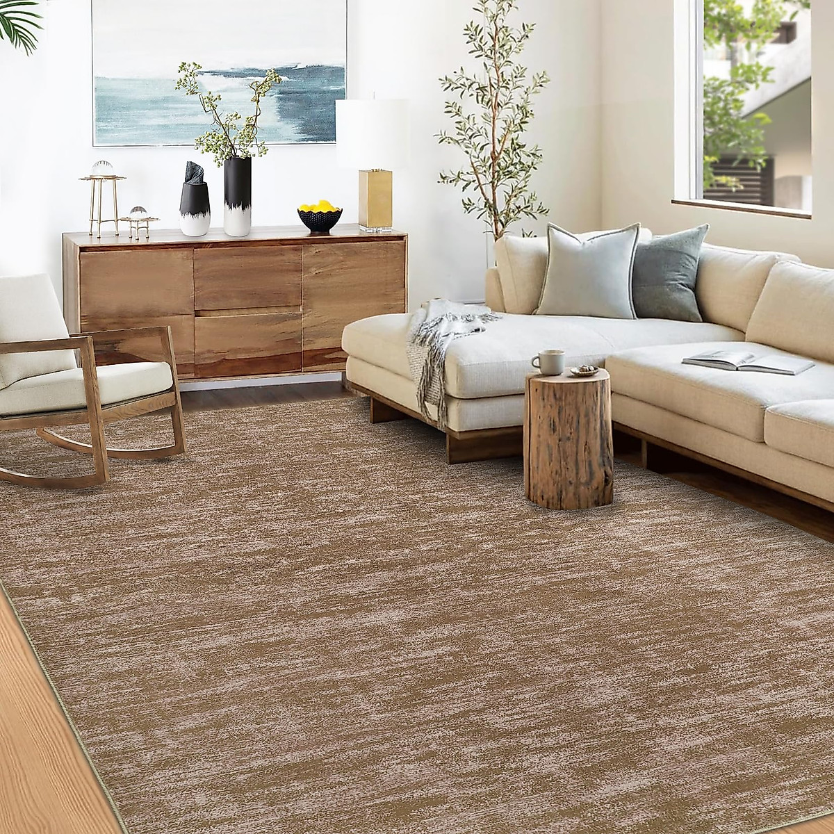 LUXLOOM Large Solid Rug 8x10 Washable Rug Ultra-Thin Low Pile Floor Mat Modern Rug Contemporary Non-Shedding Carpet Non-Slip Accent Rug for Living Room Bedroom Dining Room Nursery Home Office Camel