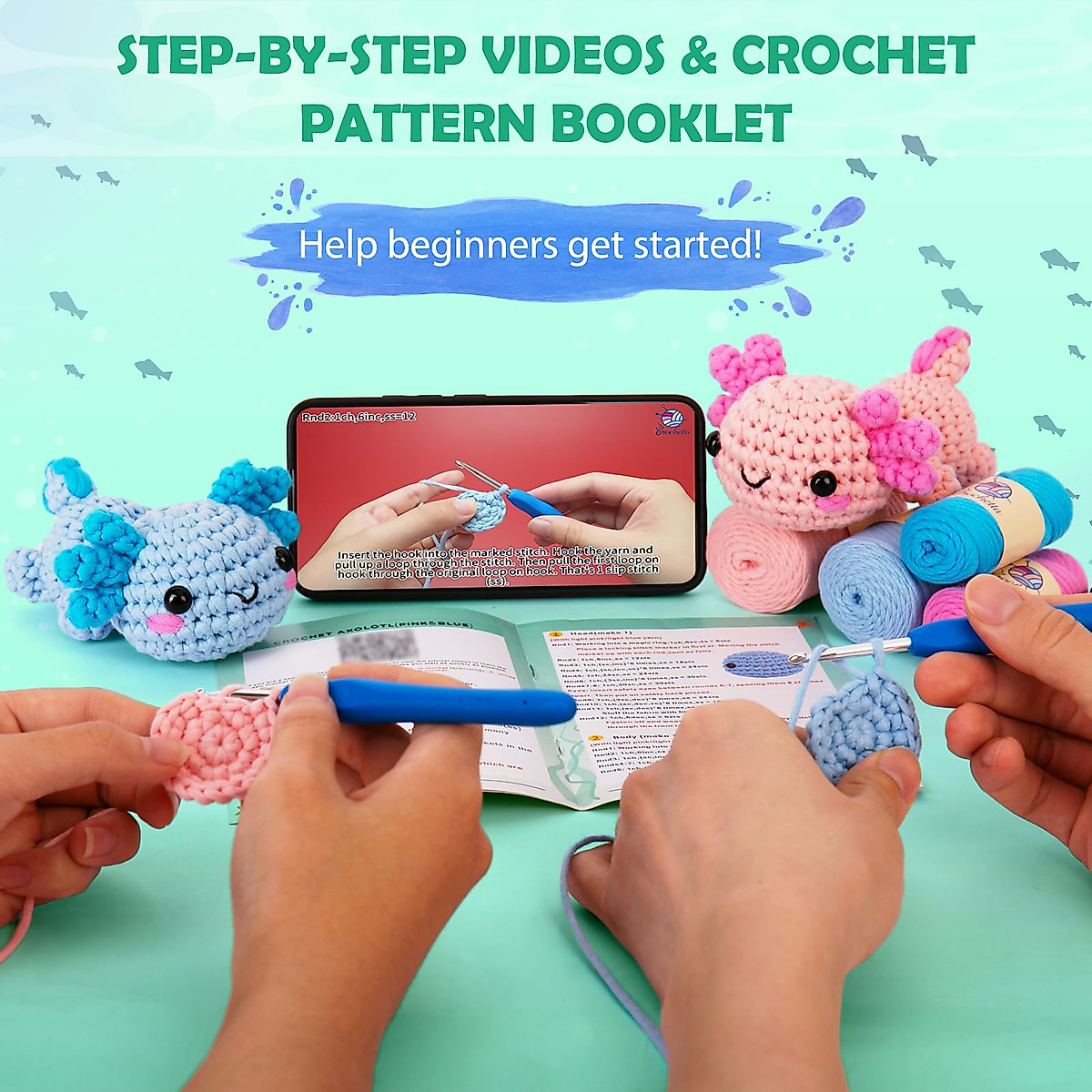 Crochet Kit for Beginner, Crochet Starter Kit w Step-by-Step Video Tutorials, Crochet Kit for Beginners, Beginner Crochet Kits for Adult Kid Women Men Complete Kit Included (Axolotl 2Pack)