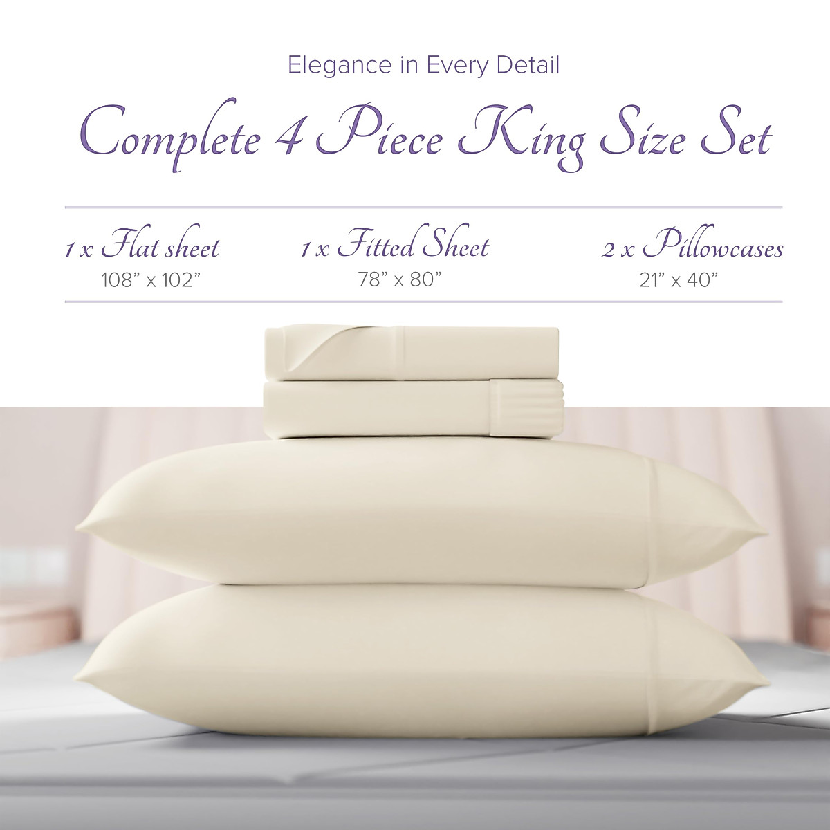 Carressa Linen Luxury Egyptian Cotton 4 PC King Size Sheet Set - 600 Thread Count Deep Pocket Fitted and Flat Sheets, Soft, Cooling Extra Long Staple Hotel-Quality Bedding with Sateen Weave - Ivory
