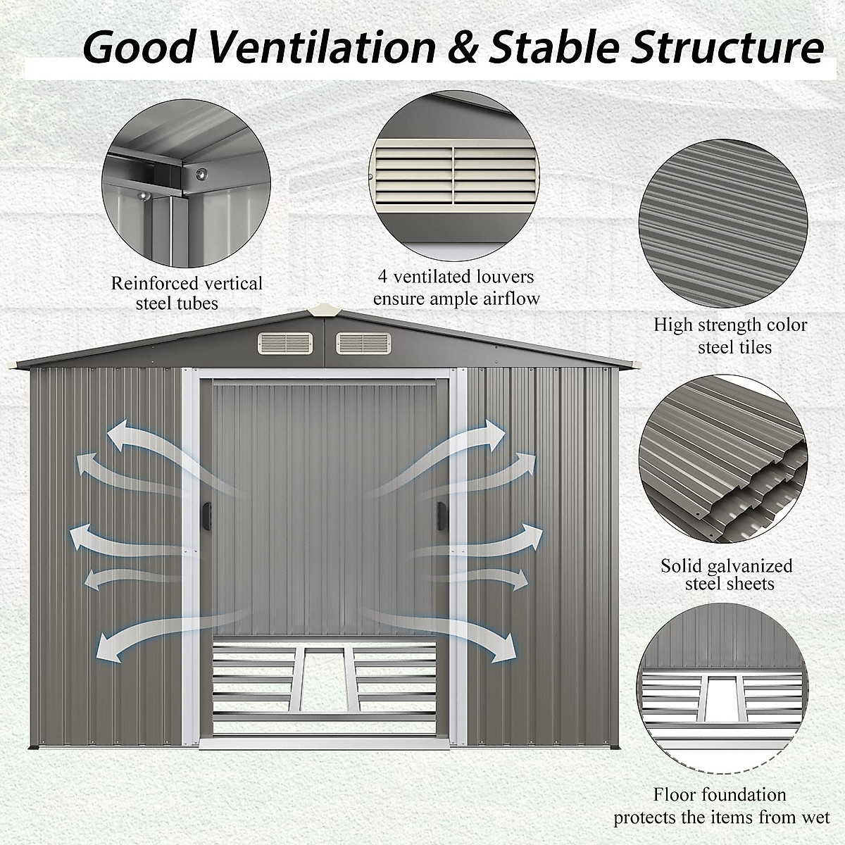 IRONMAX Outdoor Storage Shed with Floor, 8x6 FT Galvanized Steel Large Garden Shed w/Lockable Sliding Doors & Air Vent, Heavy Duty Tool Storage House for Backyard Patio Lawn