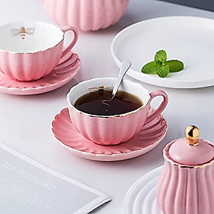 Jusalpha Fine China Pink Coffee Cup/Teacup Set, 7 OZ Cups& Saucer Service for 4, with Teapot-Sugar Bowl-Cream Pitcher Teaspoons and tea strainer for Tea/Coffee, 17-Pieces (TW Full set)