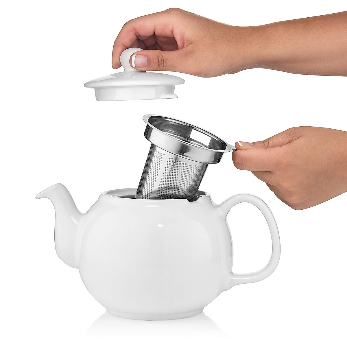 SAKI Large Porcelain Teapot, 48 Ounce Tea Pot with Infuser, Loose Leaf and Blooming Tea Pot - White