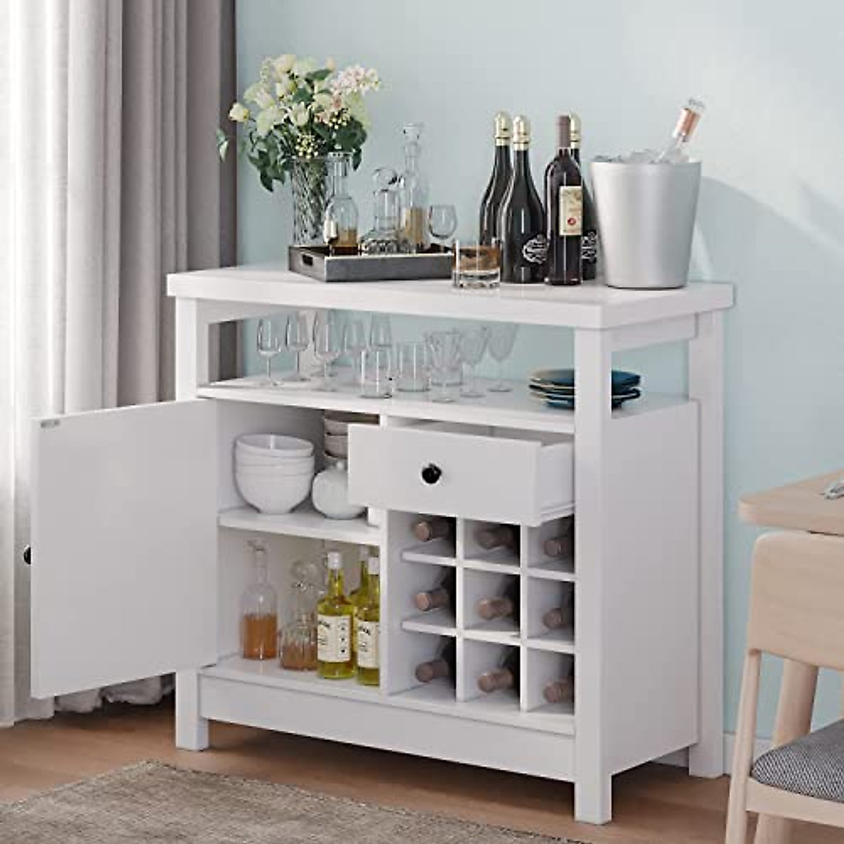 4ever2buy Farmhouse Coffee Bar Cabinet with 9 Wine Racks, Kitchen Sideboard Buffet Cabinet with Barn Door, White Coffee Bar with Storage, Wine Bar Cabinet with Adjustable Shelf for Dining Living Room
