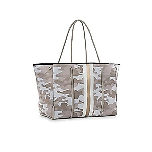 Haute Shore - Greyson Sahara Neoprene Tote Bag wZipper Wristlet Inside, Beige Camo WWhite & Rosegold Stripe