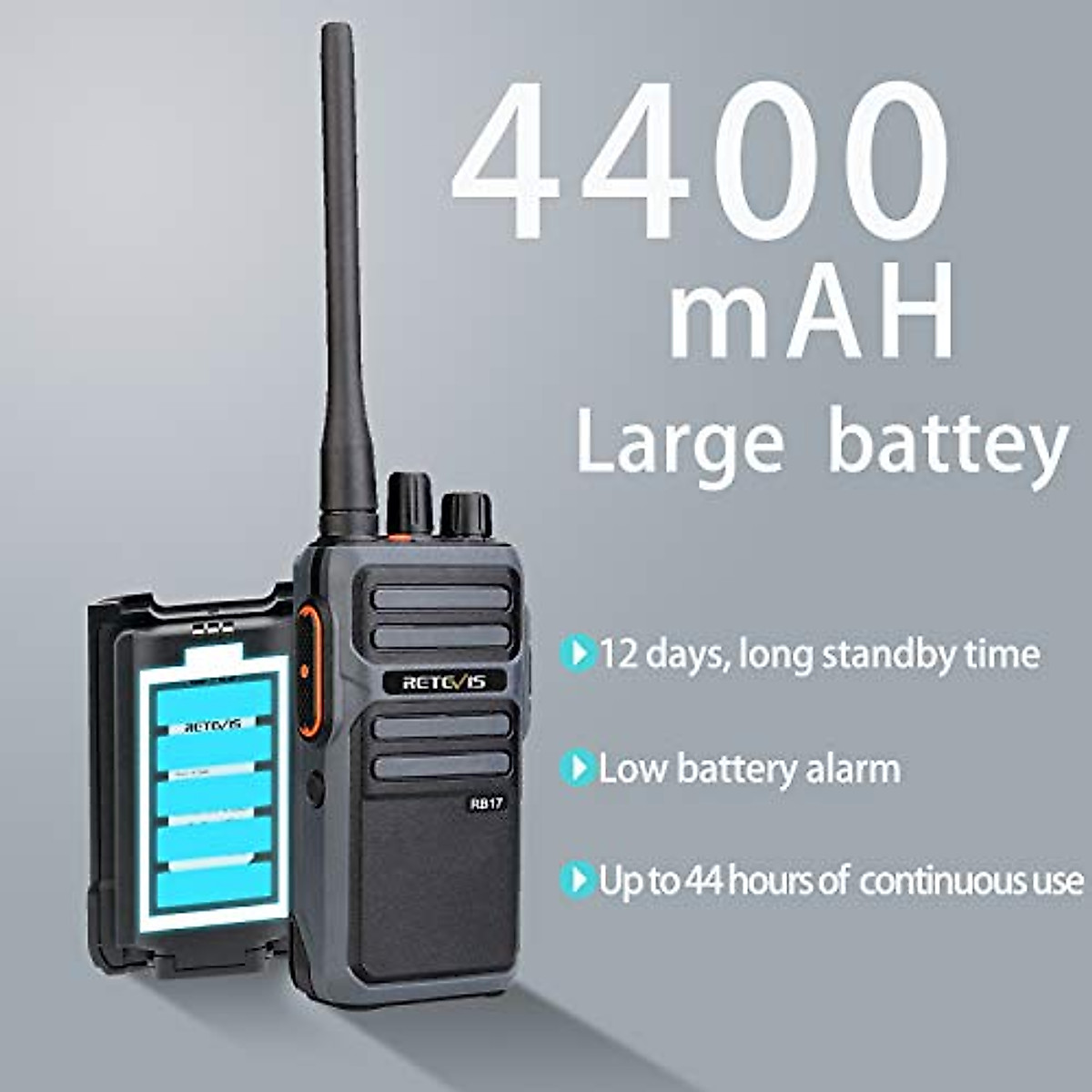 Retevis RB17 Walkie Talkie for Adults,Heavy Duty Two Way Radio Rechargeable,4400mAh Large Capacity Battery Handsfree Alarm,Portable 2 Way Radios for Hunting Skiing Cruise Shipping Outdoor Gift(2 Pack)