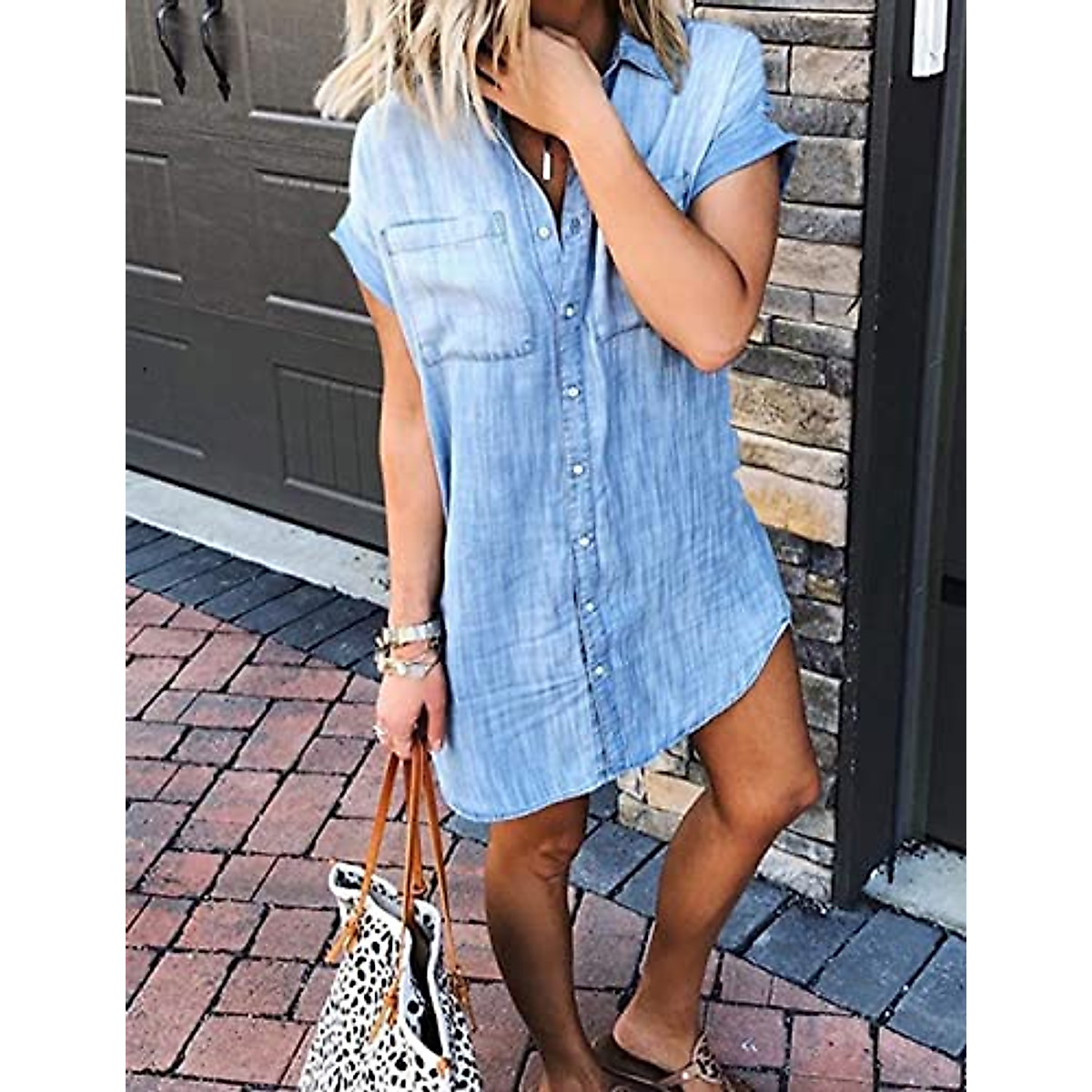 Women Denim Shirt Dresses Short Sleeve Distressed Jean Dress Button Down Casual Tunic Tops Blue XXL