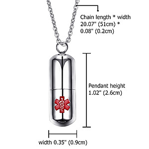 Flongo Fashion Pill Case Capsule Pendant Necklace Stainless Steel Mens Womens, 20 inch Chain, Cross Medicine Keepsake Pendant Necklace (Medical Alert Pill)