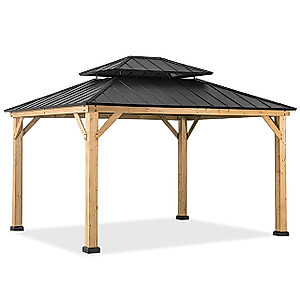 CoastShade 13x15 ft. Outdoor Wood Gazebo, Cedar Framed Patio Gazebo with 2-Tier Brown Steel Hardtop Roof for Patio,Garden,Backyard,Lawn and Deck