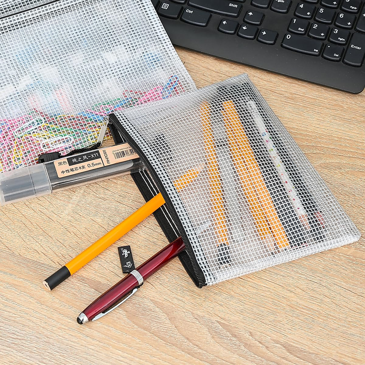 AUSTARK 10 Pcs Zipper File Bags, Waterproof Plastic Mesh Pouch for Office School, Board Game Storage Bags (B6 Size 7.6''x5.3'', White and Black)