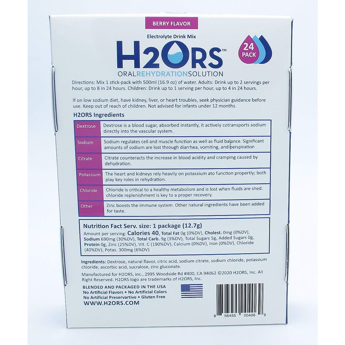 H2ORS Electrolyte Drink Powder: Berry (24 Pack)