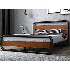 SHA CERLIN King Size Platform Bed Frame with Wooden Headboard and Footboard, Heavy Duty Metal Bed Frame with 10" Under-Bed Storage, Noise-Free, No Box Spring Needed, Walnut