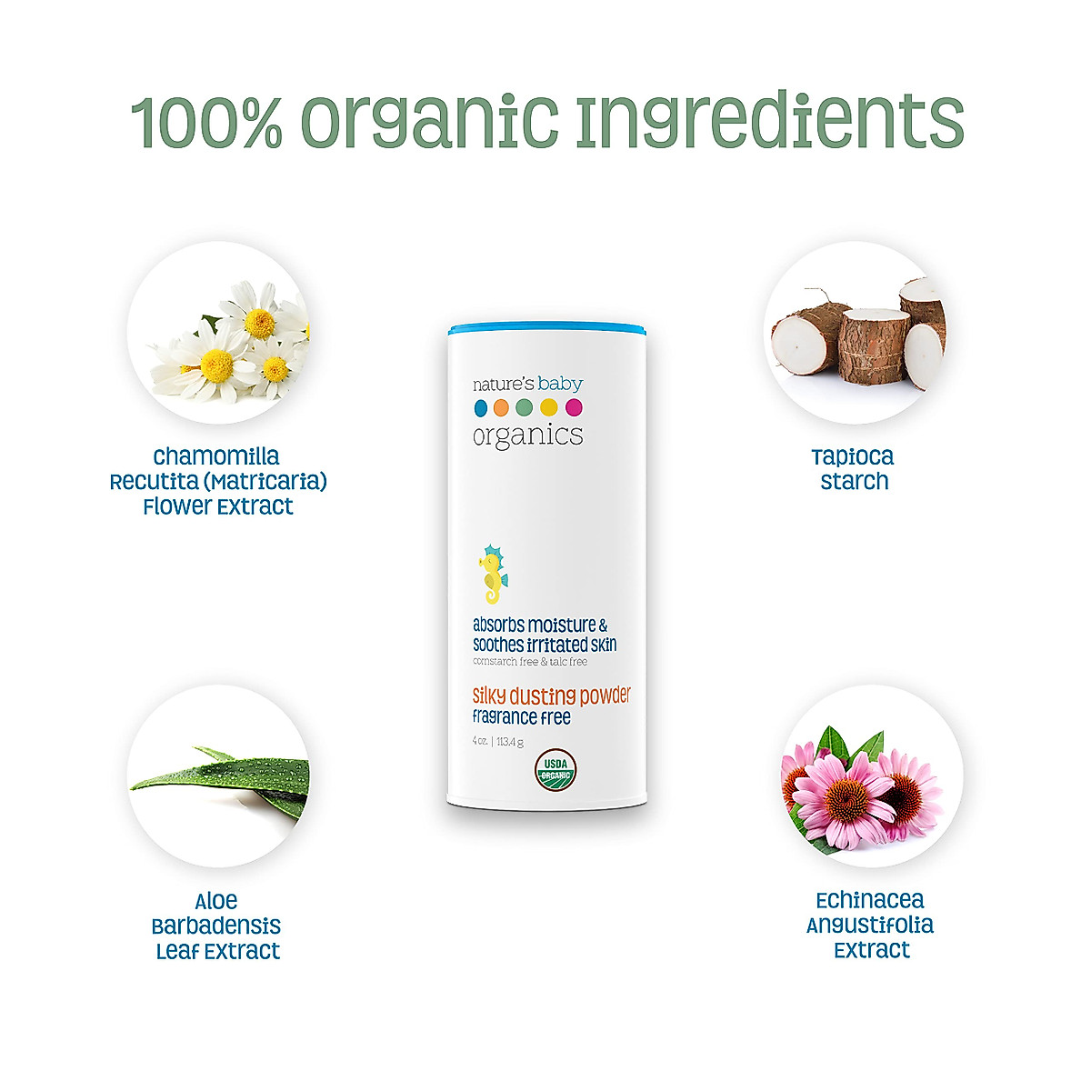 Nature's Baby Organics Baby Powder Corn Free/Talc Free Diaper Dusting Powder with Aloe Soft Gentle 100% Organic Baby Powder Hypoallergenic Fragrance Free, 4 oz Each, 2 Pack