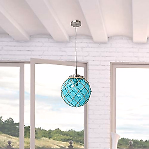 Elegant Designs PT1003-AQU Buoy Netted Brushed Nickel Coastal Ocean Sea Glass Pendant with Natural Rope, Aqua