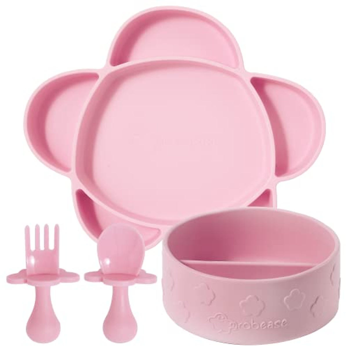 grabease Baby Essentials Must-Haves - Complete Feeding Set for Baby-Led Weaning and Portion Control - Suction Bottoms 4 Piece Set, BPA and Phthalates-Free, Blush