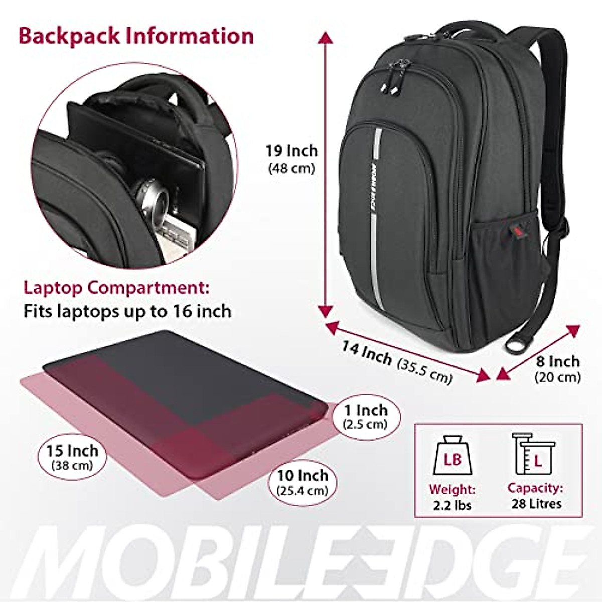 Mobile Edge Commuter Laptop Backpack for Men and Women, 16 Inch Computer Bag for Travel, Work, Commuting, with USB Charging Port, Lightweight, Black