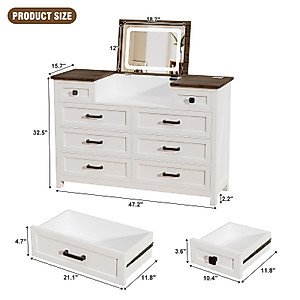 MIIFUNY Dresser with Mirror for Bedroom, 8 Drawer Dresser with Charging Station, Farmhouse Chest of Drawers for Bedroom, Hallway, Kids Room