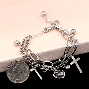 NA Stainless Steel Cross Bracelet,Charms Religious Faith Mustard Seed Link Chain Bracelet for Women Y706-Silver