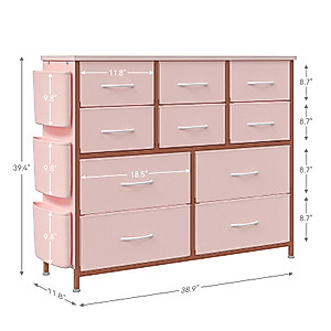10 Drawers Fabric Dresser Storage Drawers, Tall Dresser with Sturdy Frame&Wooden Top, Organizer Unit for Closet, Living Room, Entryway, Hallway, Pink