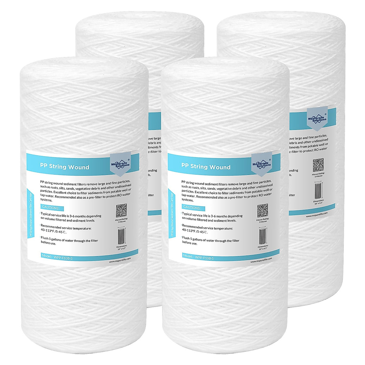 Membrane Solutions 5 Micron 10"x4.5" String Wound Whole House Water Filter Replacement Cartridge Universal Sediment Filters for Well Water - 4 Pack